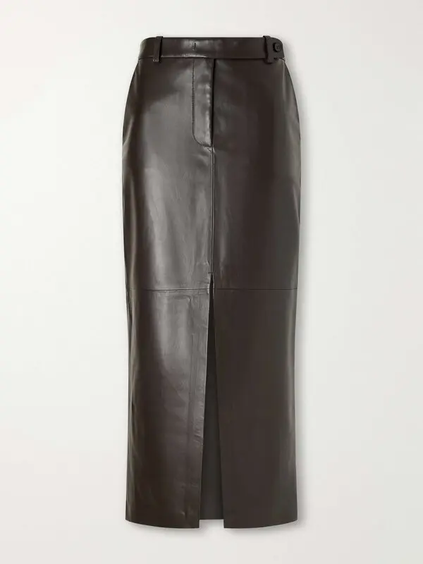Co Double-slit Leather Midi Skirt - Brown