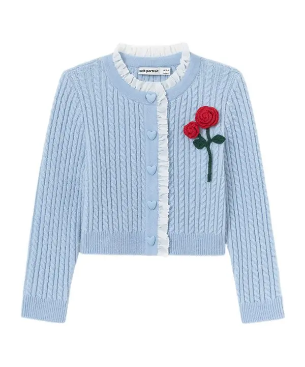 SELF-PORTRAIT Embroidered Cable-knit Cardigan - Blue