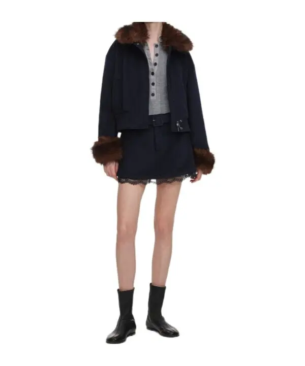 SELF-PORTRAIT Wool Fur Trim Jacket - Navy