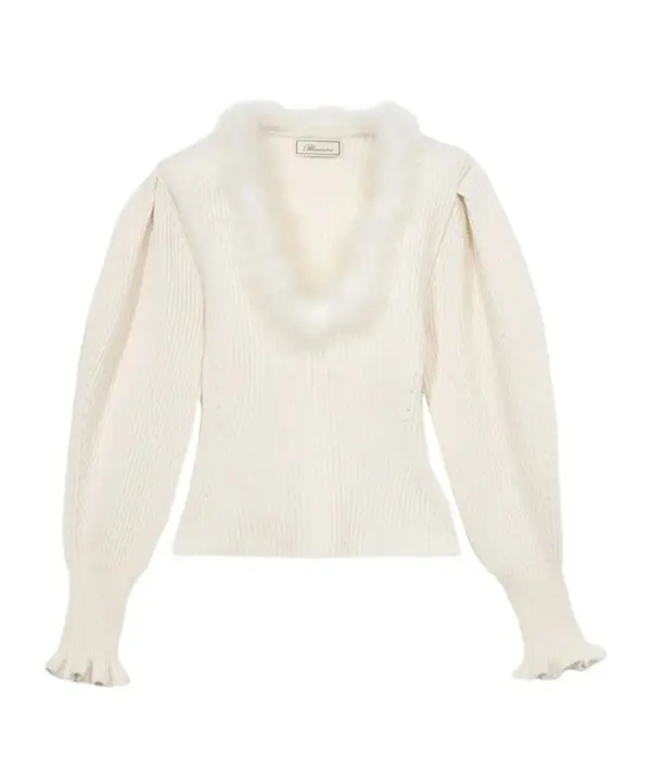 Blumarine V-neck Raw-edge Puff-sleeve Sweater - White