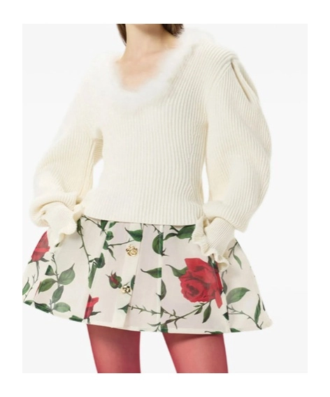 Blumarine V-neck Raw-edge Puff-sleeve Sweater