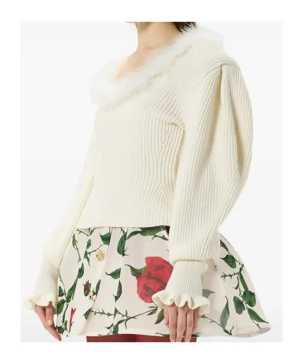 Blumarine V-neck Raw-edge Puff-sleeve Sweater