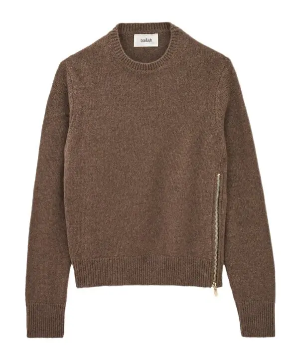 Ba&sh Side Zip Crew Neck Knit Sweater - Brown