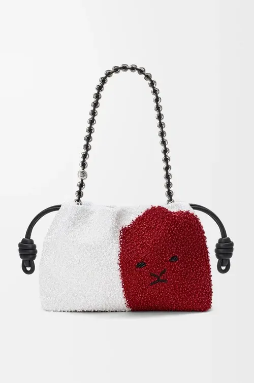 Loewe Medium Lion Beads Flamenco Purse In Beaded Canvas And Calfskin - White/red
