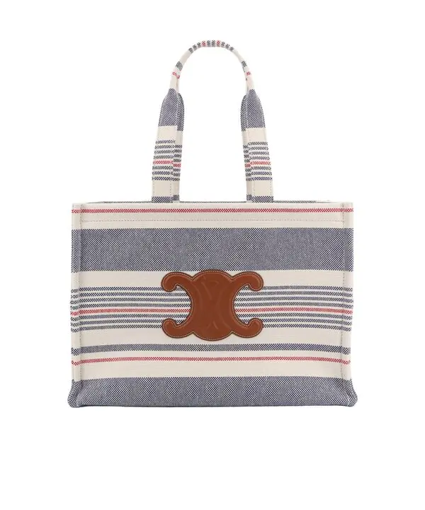 Celine Large Cabas Thais In Striped Textile And Calfskin - Gray