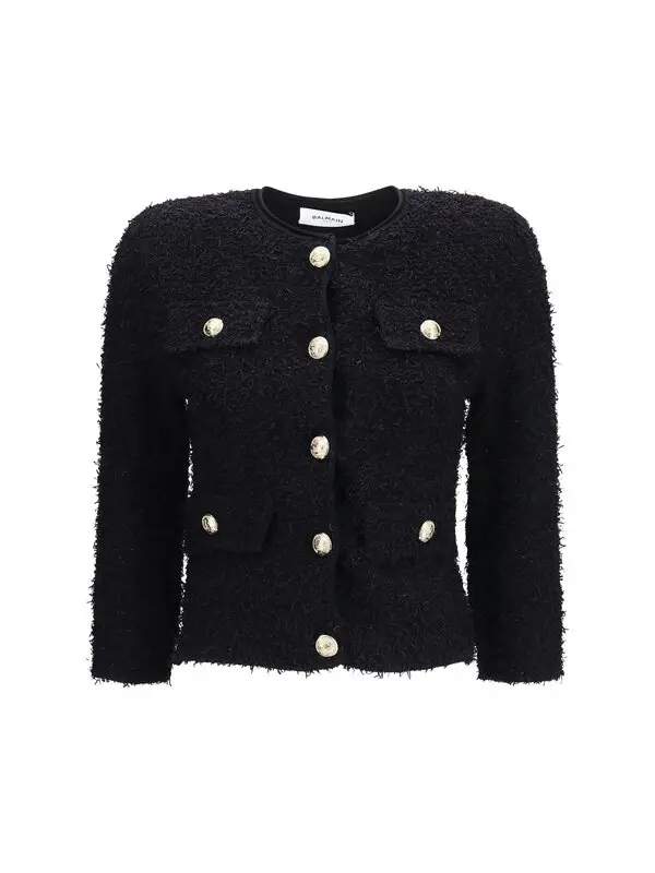 Balmain Double-breasted Tweed Cropped Jacket With Logo Buttons