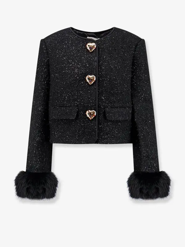 SELF-PORTRAIT Cropped Wool Blend Blazer With All-over Laminated Details - Black