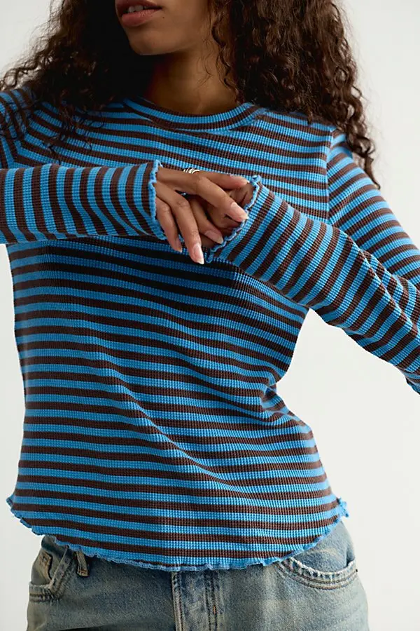 Free People We The Free Easy Does It Striped Long Sleeve Tee - Blue Combo