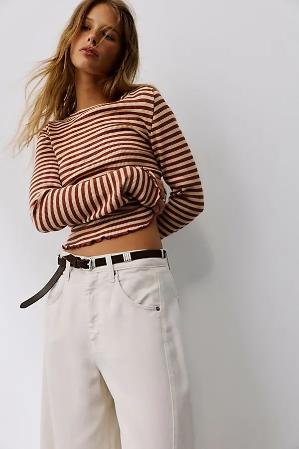 Free People We The Free Easy Does It Striped Long Sleeve Tee - Brown Combo