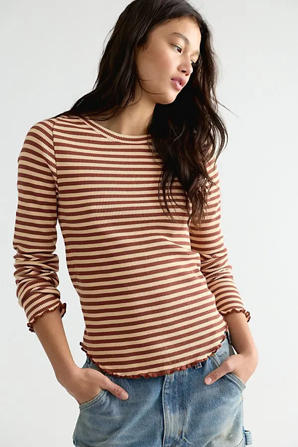 Free People We The Free Easy Does It Striped Long Sleeve Tee - Brown Combo