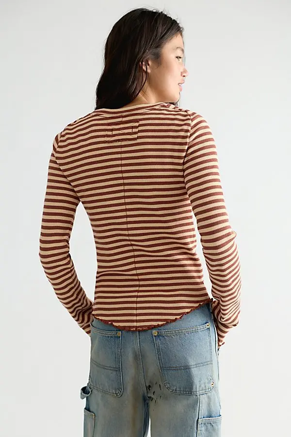 Free People We The Free Easy Does It Striped Long Sleeve Tee - Brown Combo