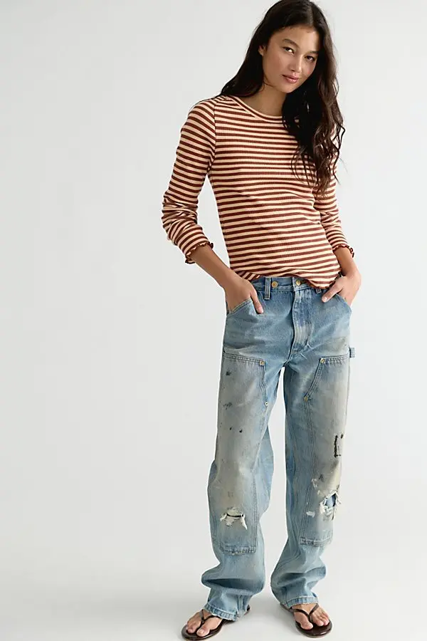 Free People We The Free Easy Does It Striped Long Sleeve Tee - Brown Combo