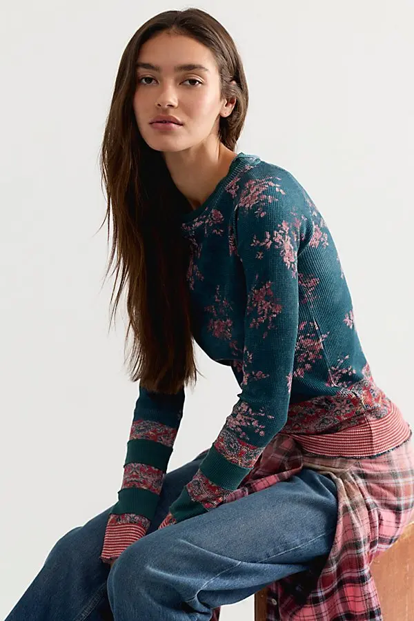 Free People We The Free Easy Does It Printed Long Sleeve Tee - Lagoon Combo