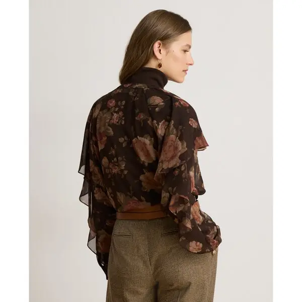 Ralph Lauren Floral Ruffle-trim Chiffon V-neck Blouse