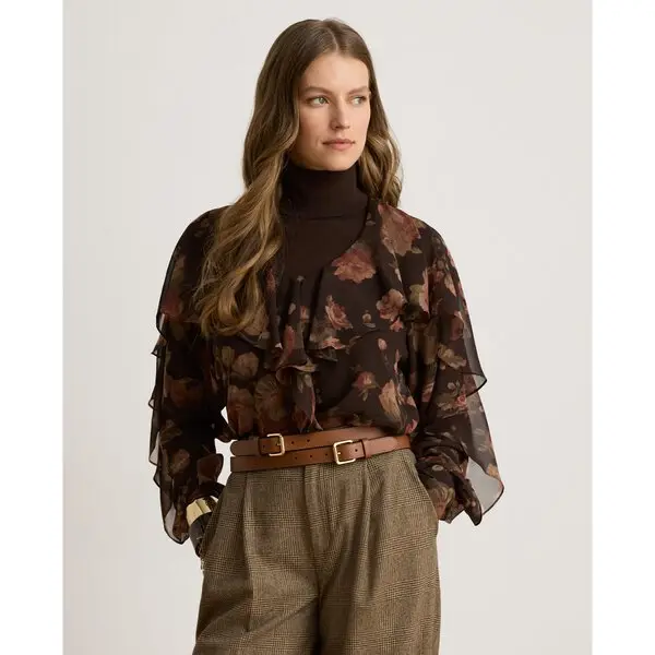 Ralph Lauren Floral Ruffle-trim Chiffon V-neck Blouse