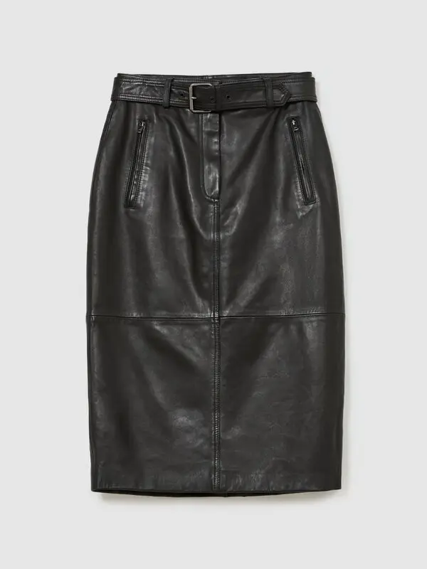 REISS Neriah Leather Belted Midi Pencil Skirt