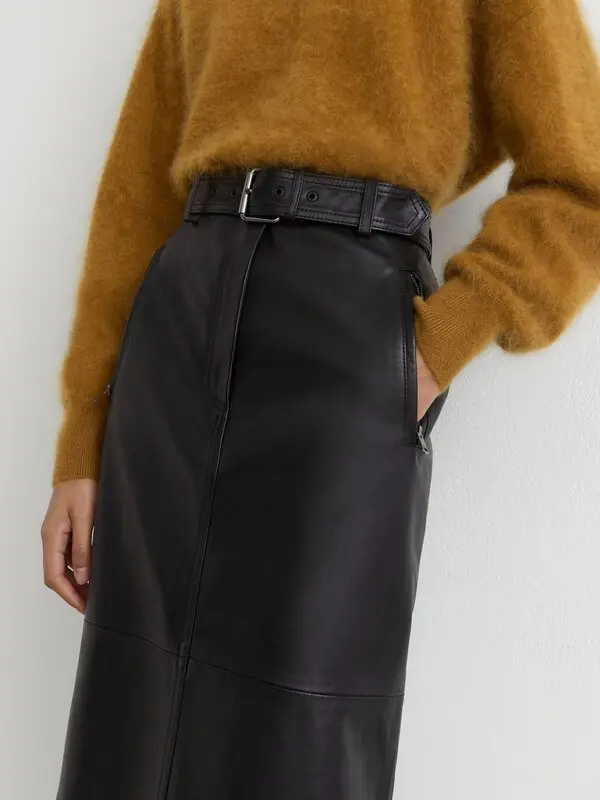 REISS Neriah Leather Belted Midi Pencil Skirt