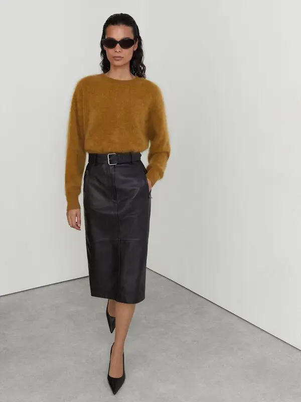 REISS Neriah Leather Belted Midi Pencil Skirt
