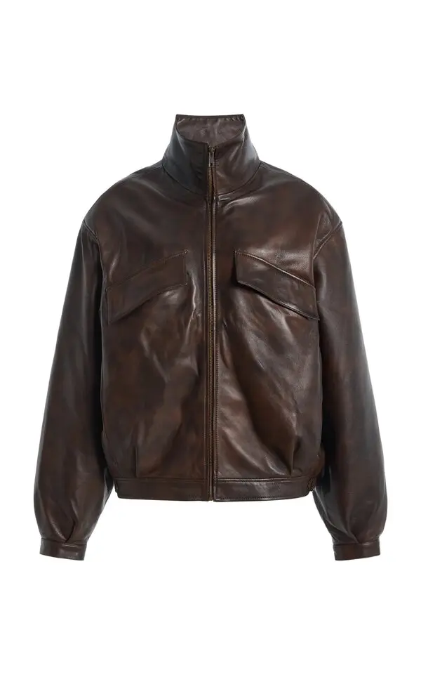 SLOAN Exclusive Oversized Leather Bomber Jacket - Brown