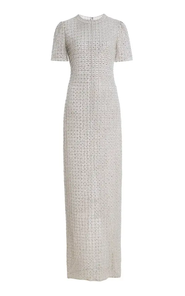 Monique Lhuillier Embroidered Tulle Short-sleeve Maxi Dress