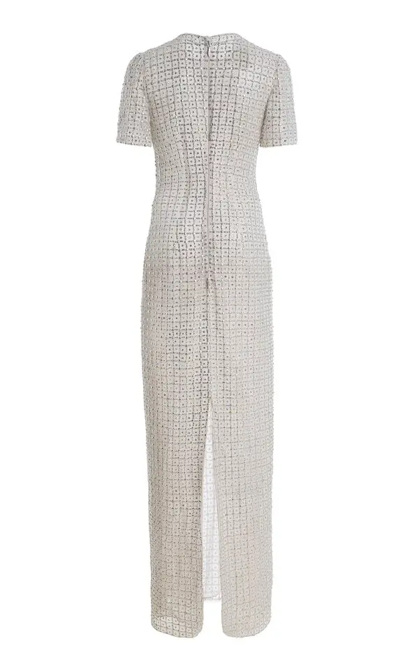 Monique Lhuillier Embroidered Tulle Short-sleeve Maxi Dress