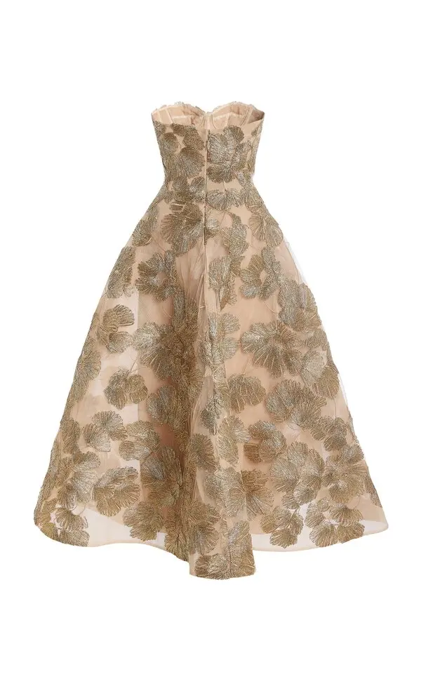 Monique Lhuillier Embroidered Tulle Strapless Midi Dress