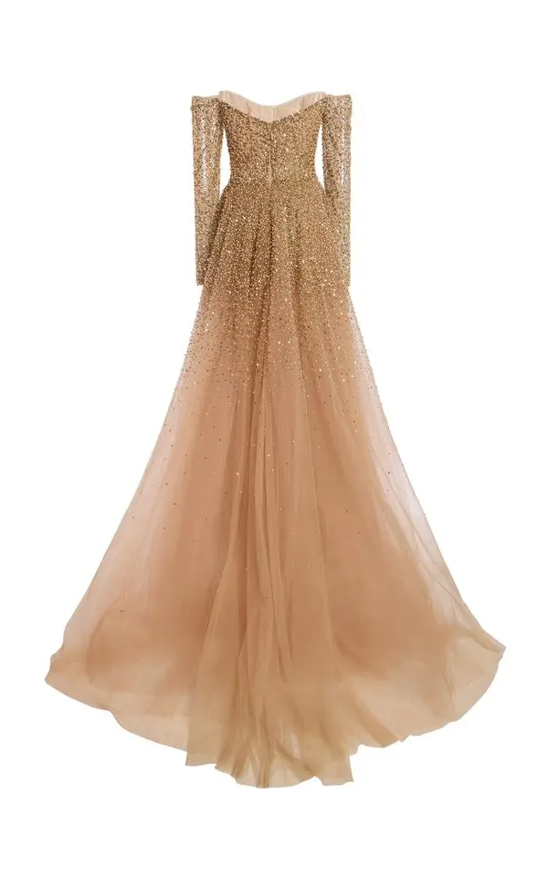 Monique Lhuillier Embroidered Off-the-shoulder Long-sleeve Dress