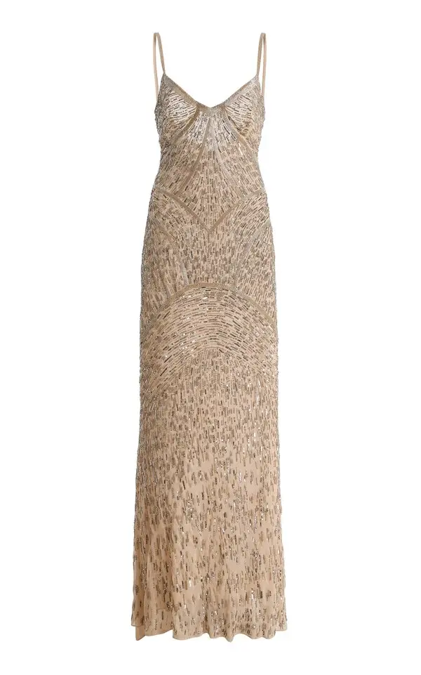 Monique Lhuillier Stardust Embroidered Silk-chiffon Sheath Gown