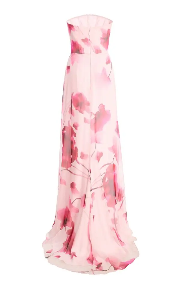 Monique Lhuillier Silk Chiffon Strapless Draped Maxi Dress