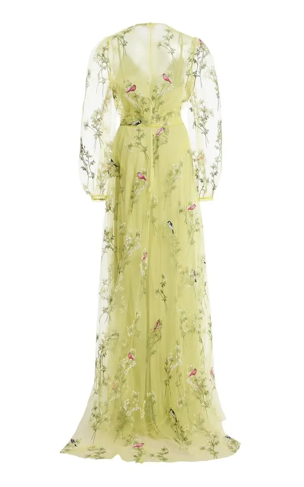 Monique Lhuillier Long-sleeve Maxi Dress With Separate Slip - Lime Green