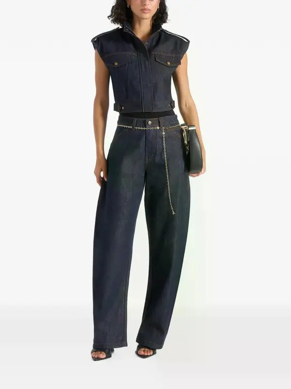 Manière De Voir Imelda Denim Cropped Wide Shoulder Sleeveless Jacket Indigo