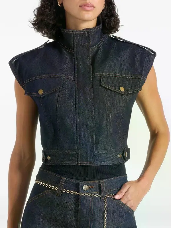 Manière De Voir Imelda Denim Cropped Wide Shoulder Sleeveless Jacket Indigo