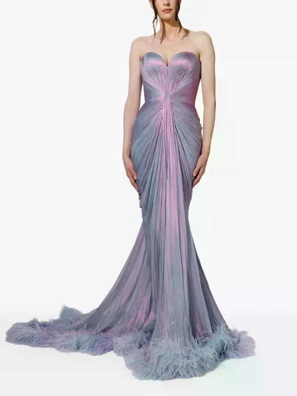 IRIS SERBAN Feather-trim Pleated Maxi Dress - Purple
