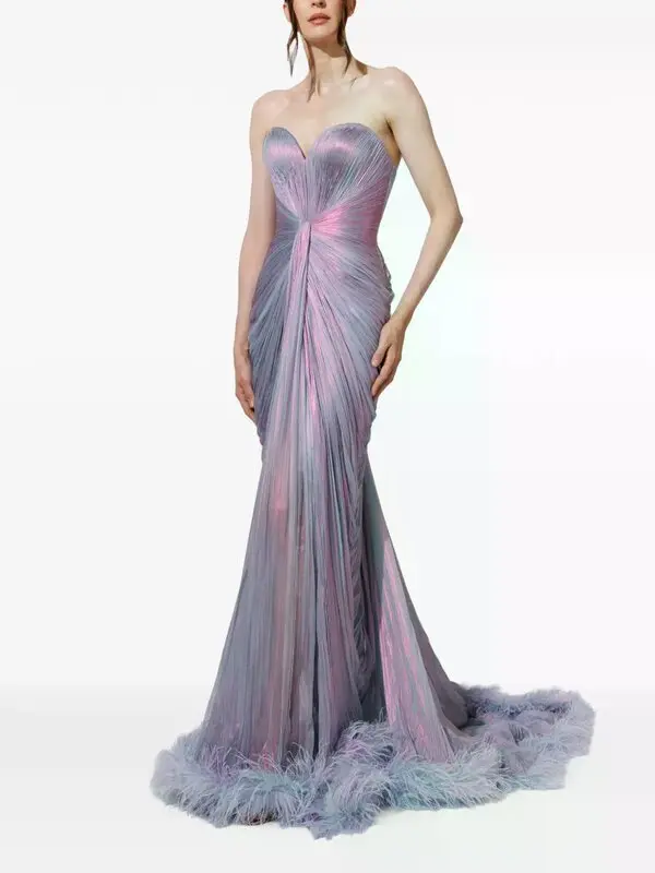 IRIS SERBAN Feather-trim Pleated Maxi Dress