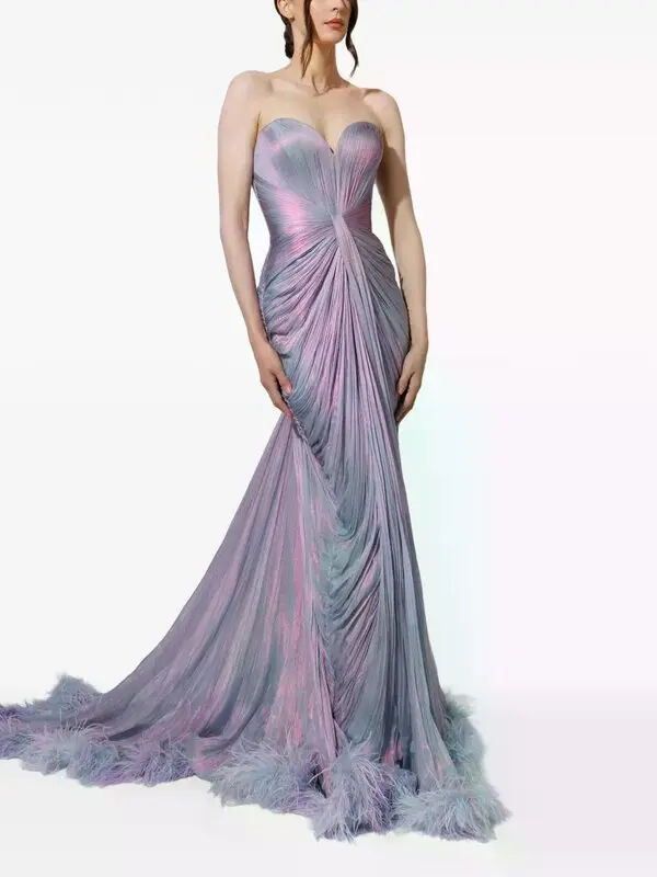 IRIS SERBAN Feather-trim Pleated Maxi Dress