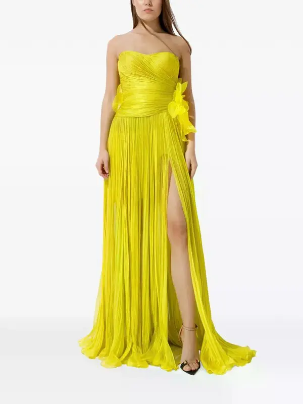 IRIS SERBAN Floral-applique Pleated Silk Dress - Yellow