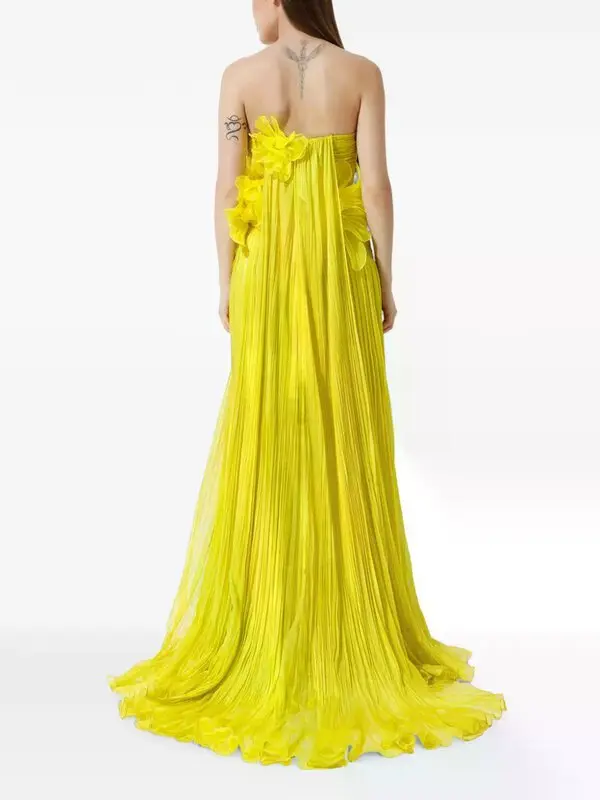 IRIS SERBAN Floral-applique Pleated Silk Dress
