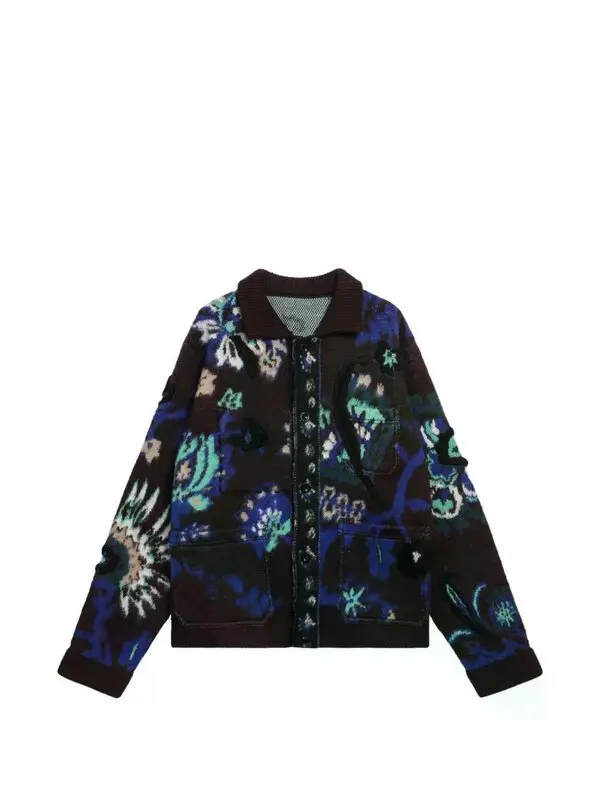 Sacai Floral-jacquard Knit Cardigan - Brown
