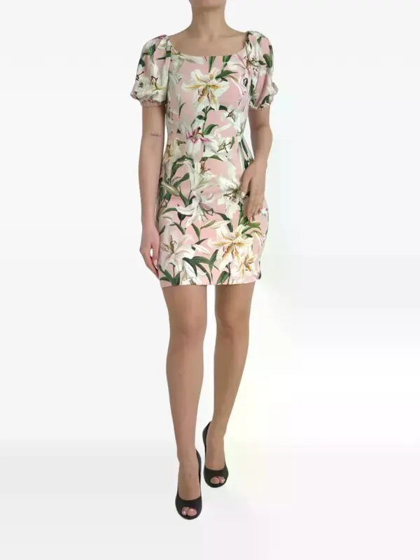 Dolce & Gabbana Lily-print Puff-sleeve Mini Dress - Pink