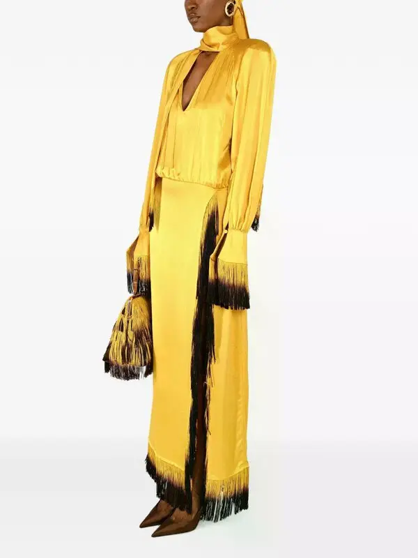 ROWEN ROSE Fringe-trim Raglan Maxi Dress - Yellow