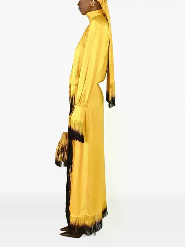 ROWEN ROSE Fringe-trim Raglan Maxi Dress - Yellow