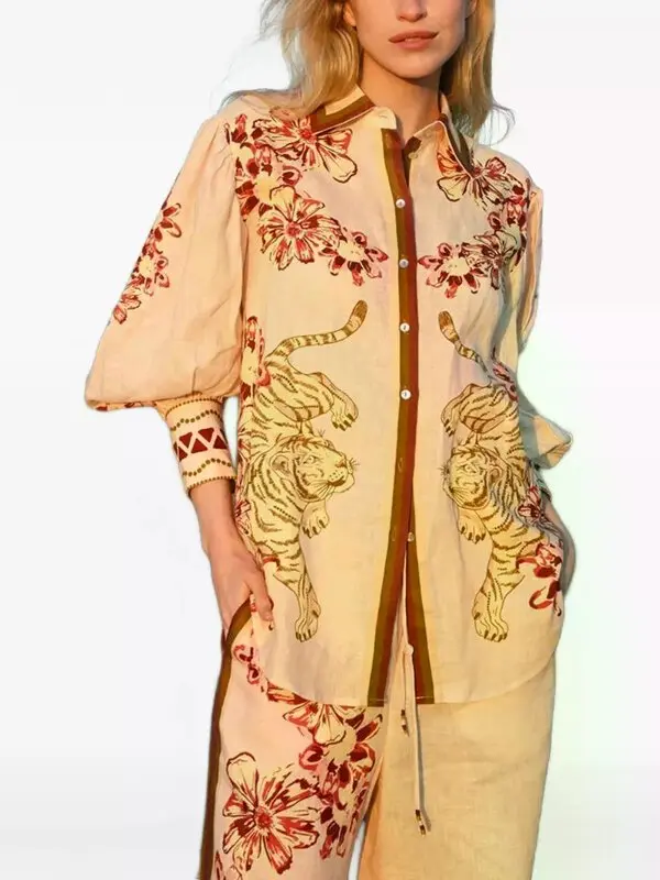 Las Surenas Flower Tiger-print Silk Shirt - Neutrals