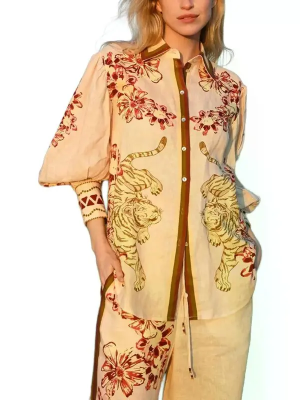 Las Surenas Flower Tiger-print Silk Shirt