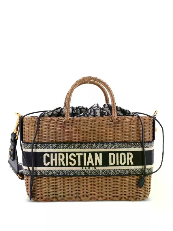 Dior Basket Bag Wicker And Oblique Canvas Large Tote Bag - Brown