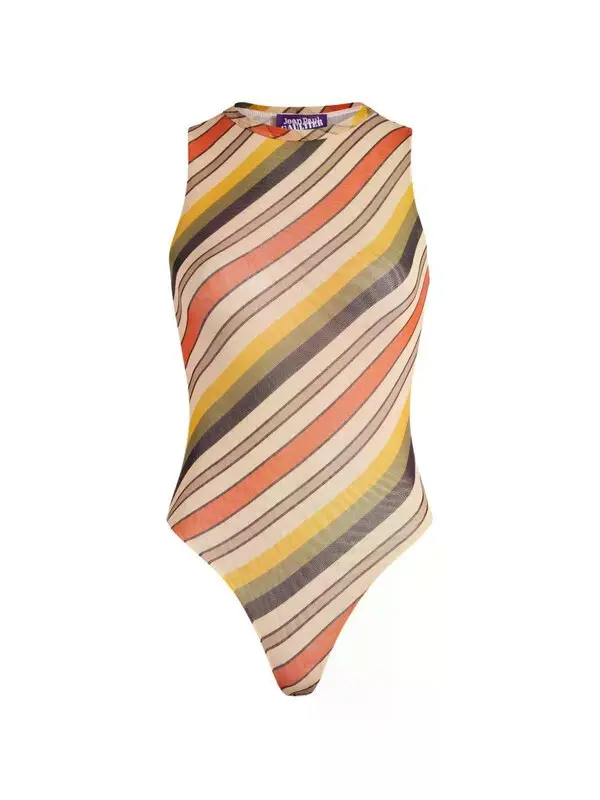 JEAN PAUL GAULTIER Mesh Tank-top Body Printed Retro Stripe - Neutrals