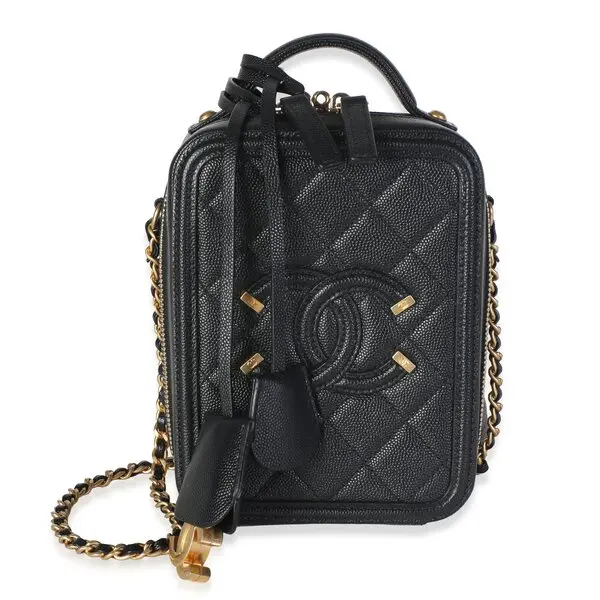Chanel Quilted Caviar North South Filigree Vanity Case - Black