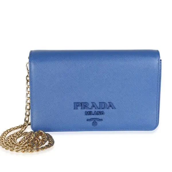 Prada Bluette Saffiano Lux Monochrome Chain Wallet - Blue