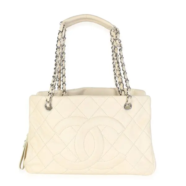 Chanel Ivory Quilted Caviar Cc Timeless Soft Tote - Beige