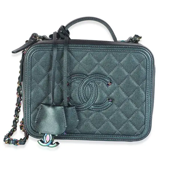 Chanel Dark Turquoise Iridescent Quilted Caviar Cc Filigree Vanity Case - Green