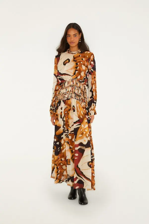Farm Rio Borbofly Long Sleeve Macrame Maxi Dress - Borbofly Multicolor